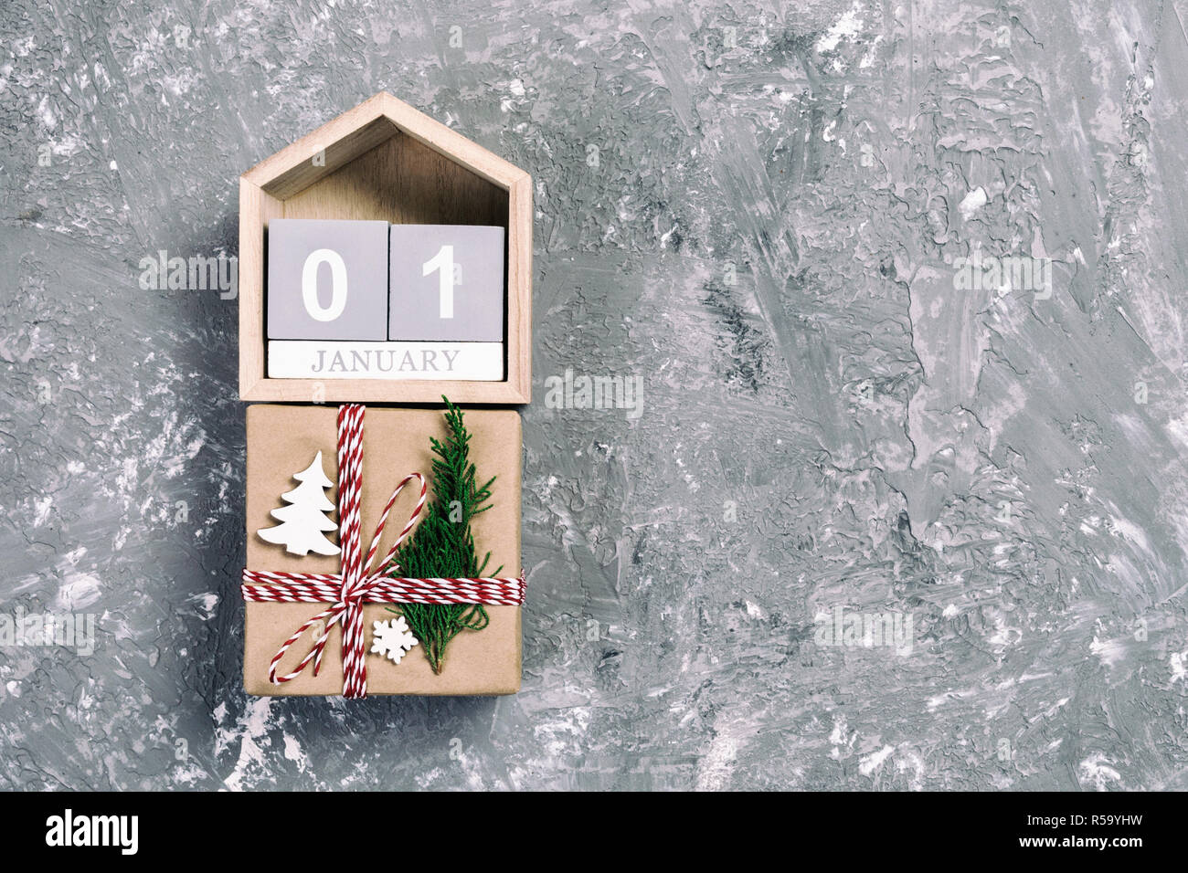 Christmas calendar 1 january. Christmas gift, fir branches on vintage ...