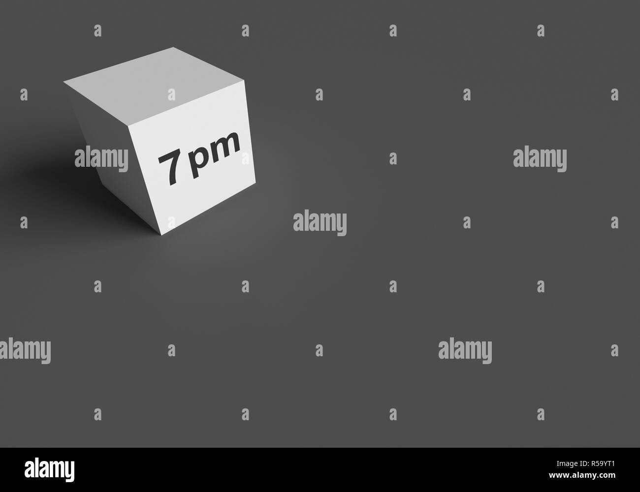 3D RENDERING WORDS 7 pm ON WHITE CUBE Stock Photo - Alamy