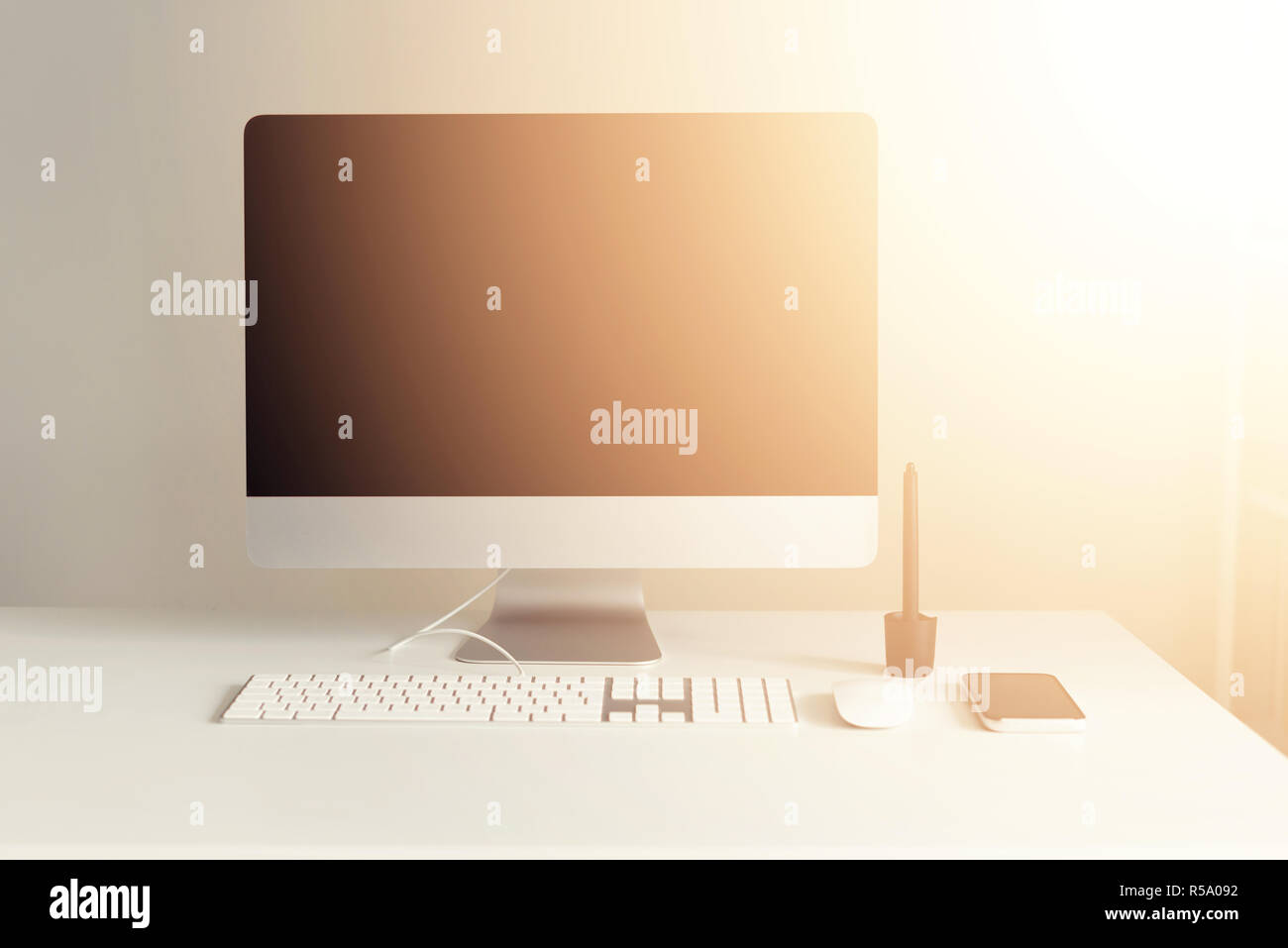 White Keyboard Mouse Computer Display With Black Blank Screen Designer Workspace On Grey