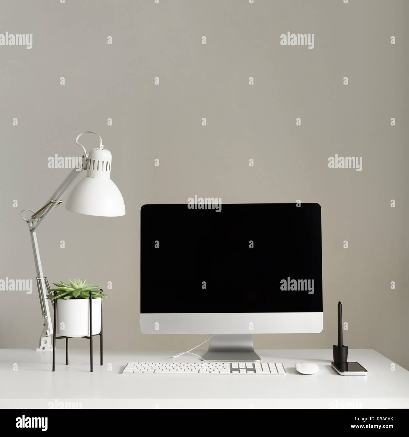 Keyboard, mouse, computer display with black blank screen. Front view ...