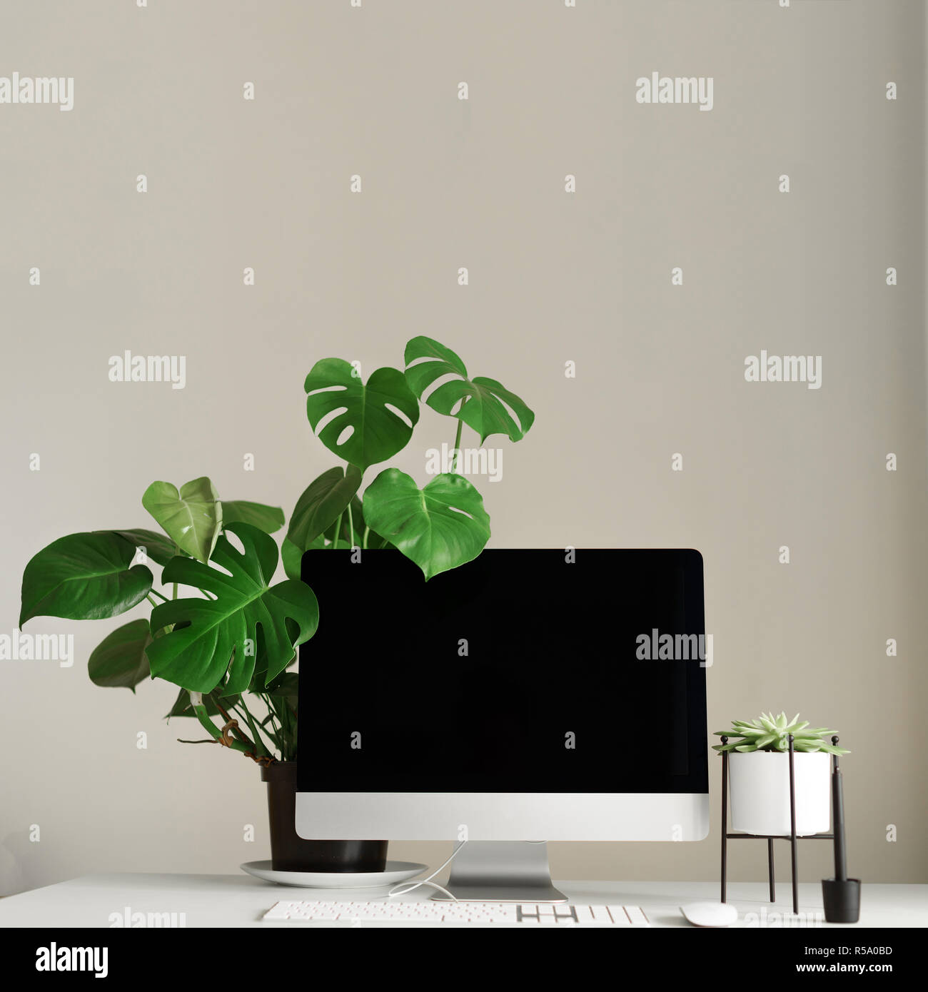 Keyboard, mouse, computer display with black blank screen. Front view ...