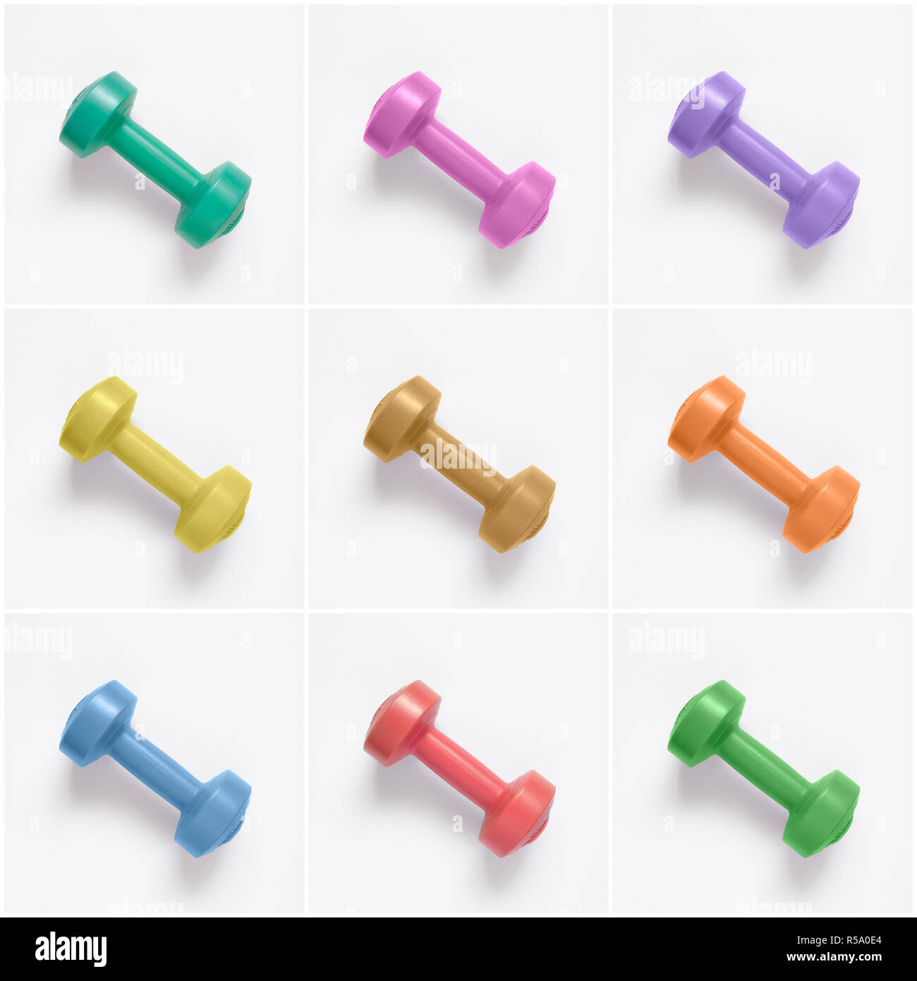 Collage of colorful dumbbells on white background Stock Photo - Alamy