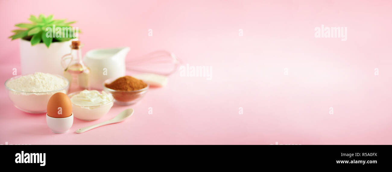 Healthy baking ingredients - butter, sugar, flour, eggs, oil, spoon ...