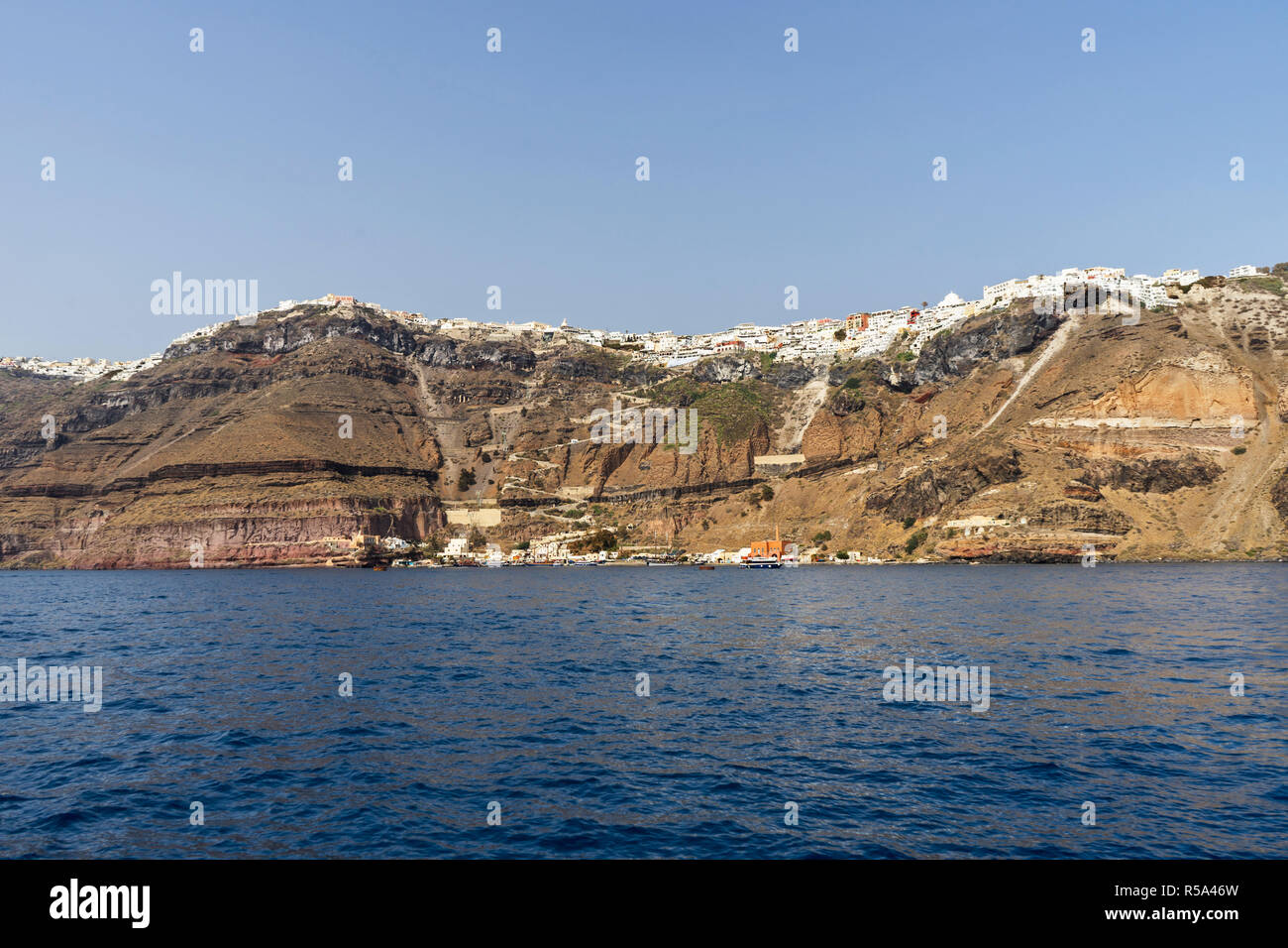 The view of Santorini island in Greece from inside the volcanic caldera ...