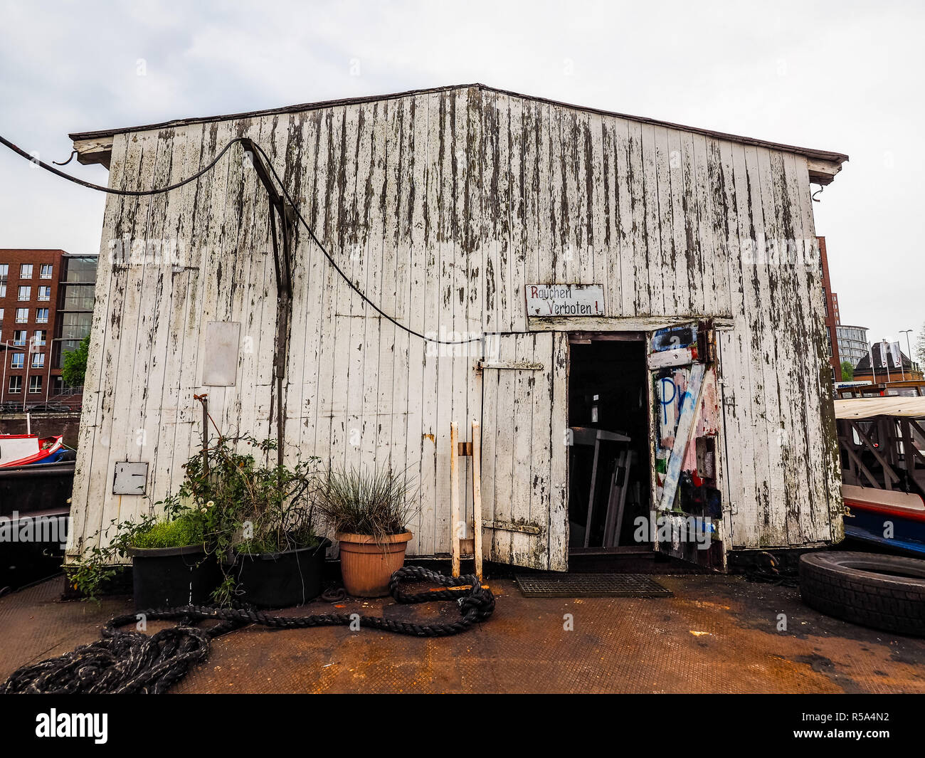 Port shed in Hamburg hdr Stock Photo - Alamy