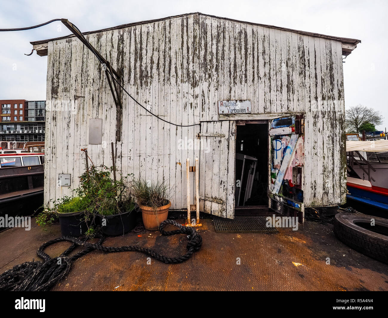 Port shed in Hamburg hdr Stock Photo - Alamy