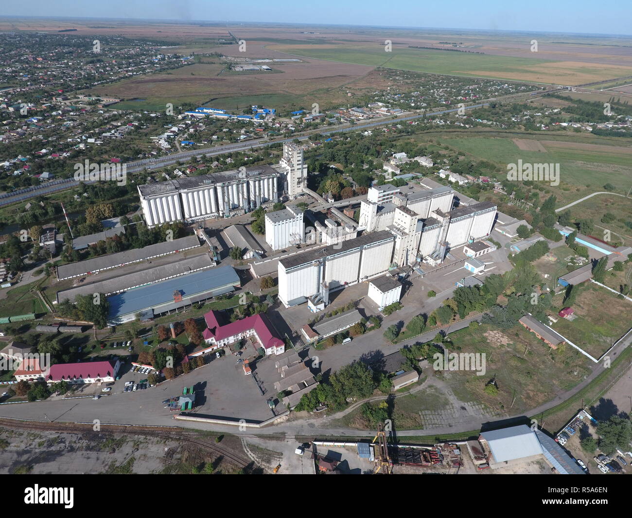 Top view of a silo elevator. Aerophotographing industrial object Stock ...