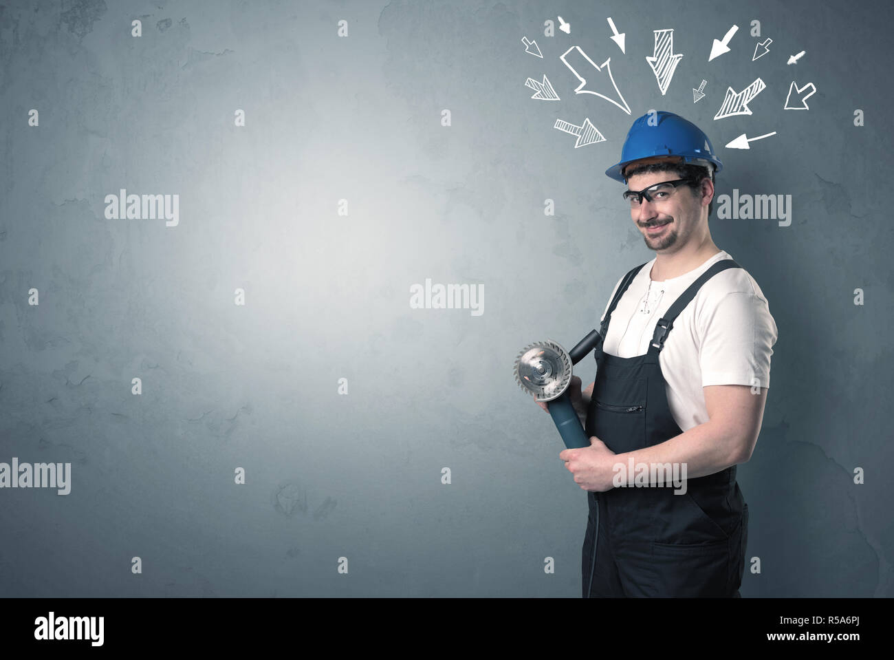 Working man with tools in his hand and arrows above his head Stock ...