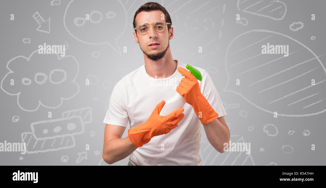 Male housekeeper with and without head with grey doodled wallpaper ...