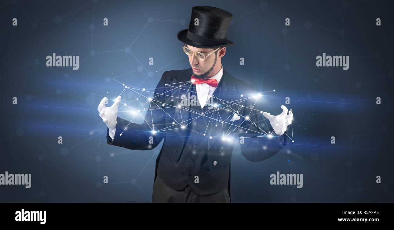 Magician with blue background and geometrical connection between two ...