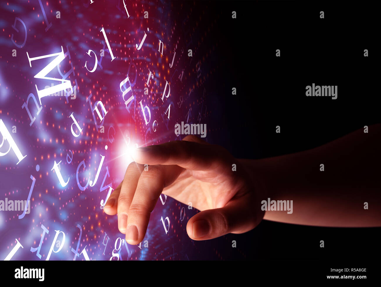 Female finger touching a beam of light surrounded by a pink background ...