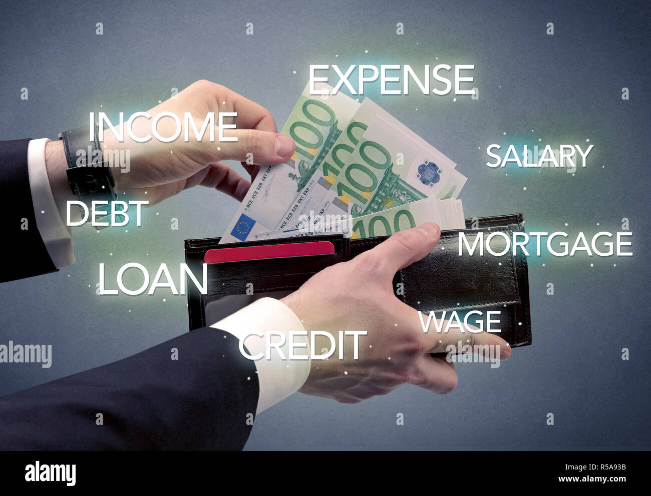 Businessman's hand takes out euro from wallet with bank keywords Stock ...