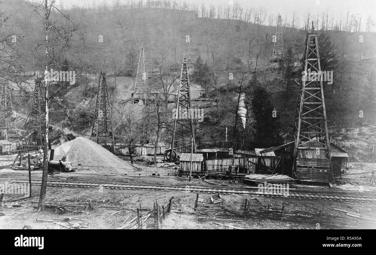Overdrilling of gas and oil territory in Kelly's Greek field ca. 1918 ...