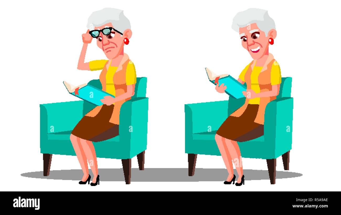 Visually Impaired Elderly Woman Reading A Book Vector. Isolated Cartoon ...