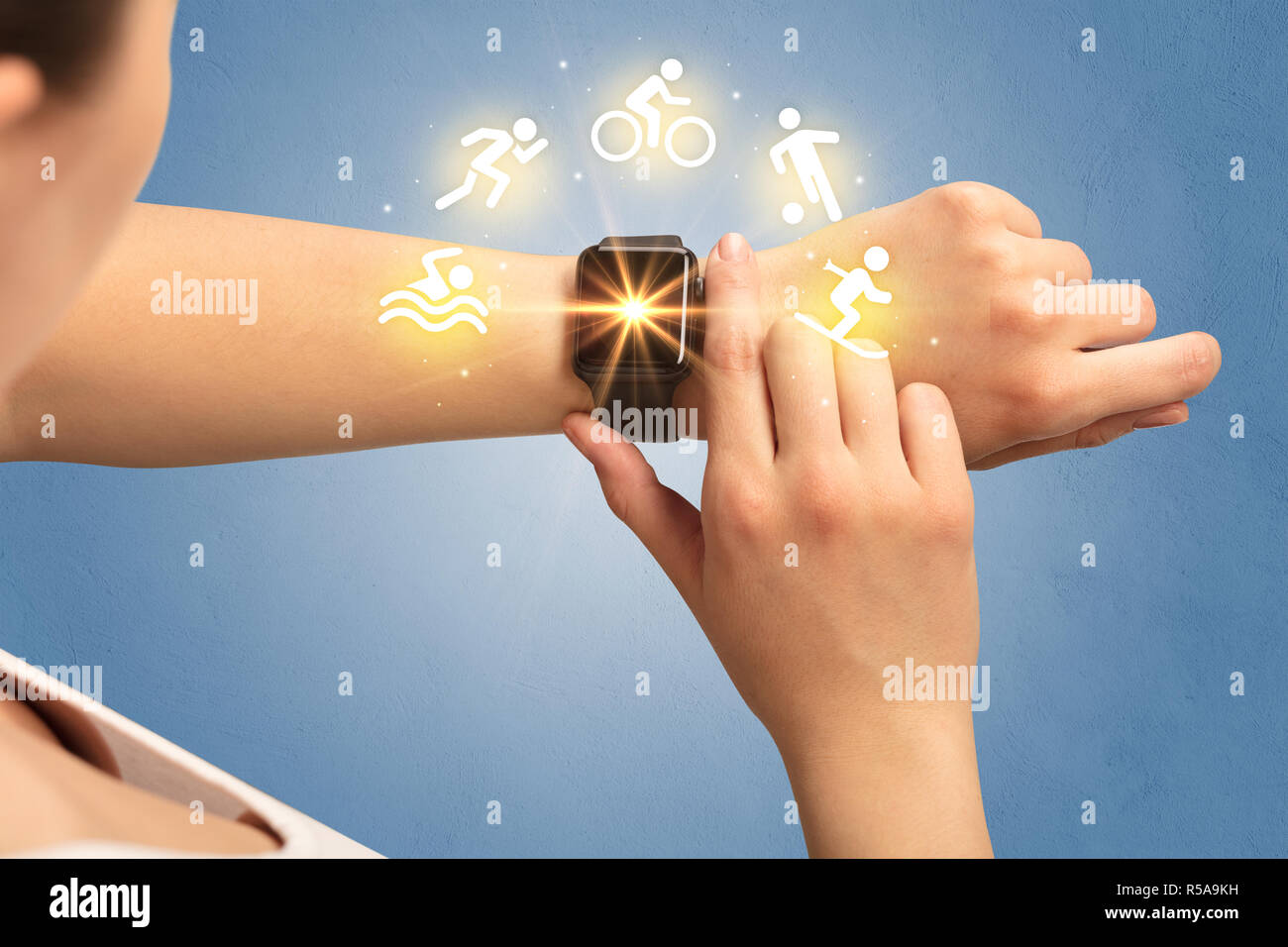 Female hand with smartwatch and sport concept Stock Photo - Alamy