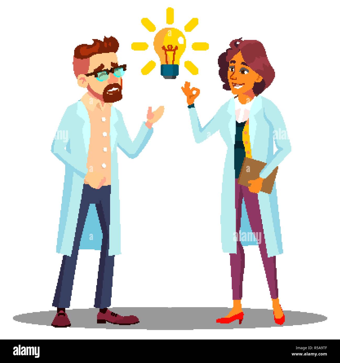 Doctor Man, Woman Found Answer, Solution, Idea. Light Bulb Above Head ...