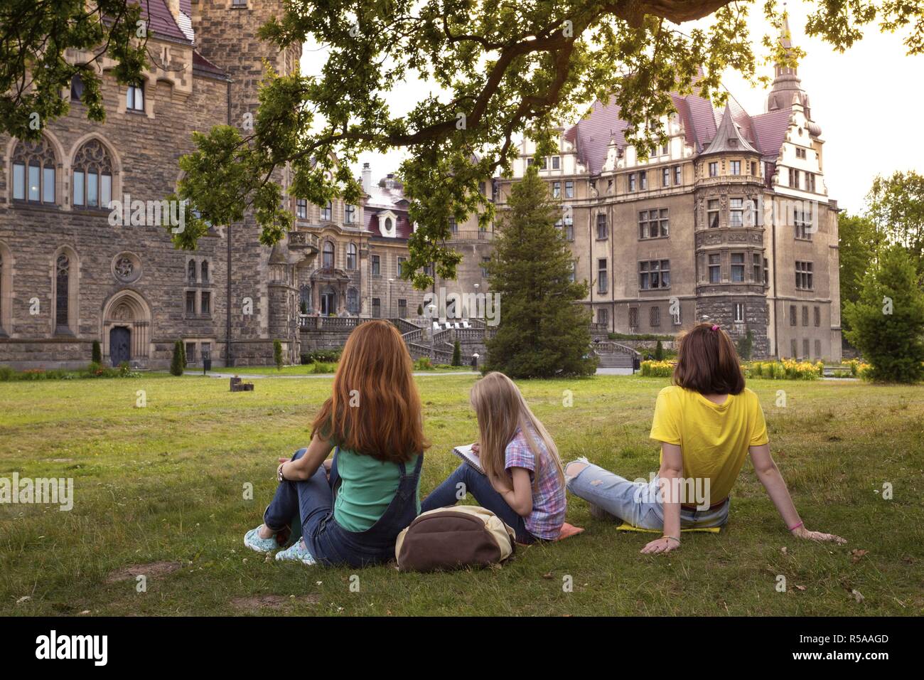 Happy family - mom and two daughters are sitting in a meadow Beautiful ...