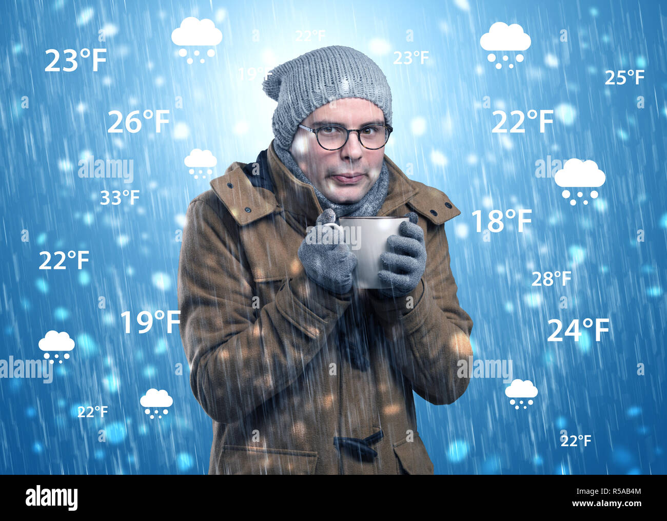 Young man freezing in warm clothing with weather condition and forecast ...