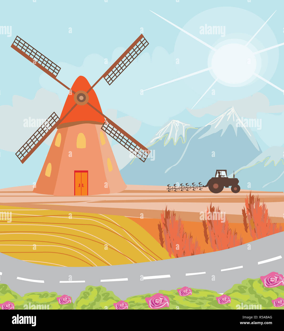 landscape with windmill and tractor Stock Photo - Alamy