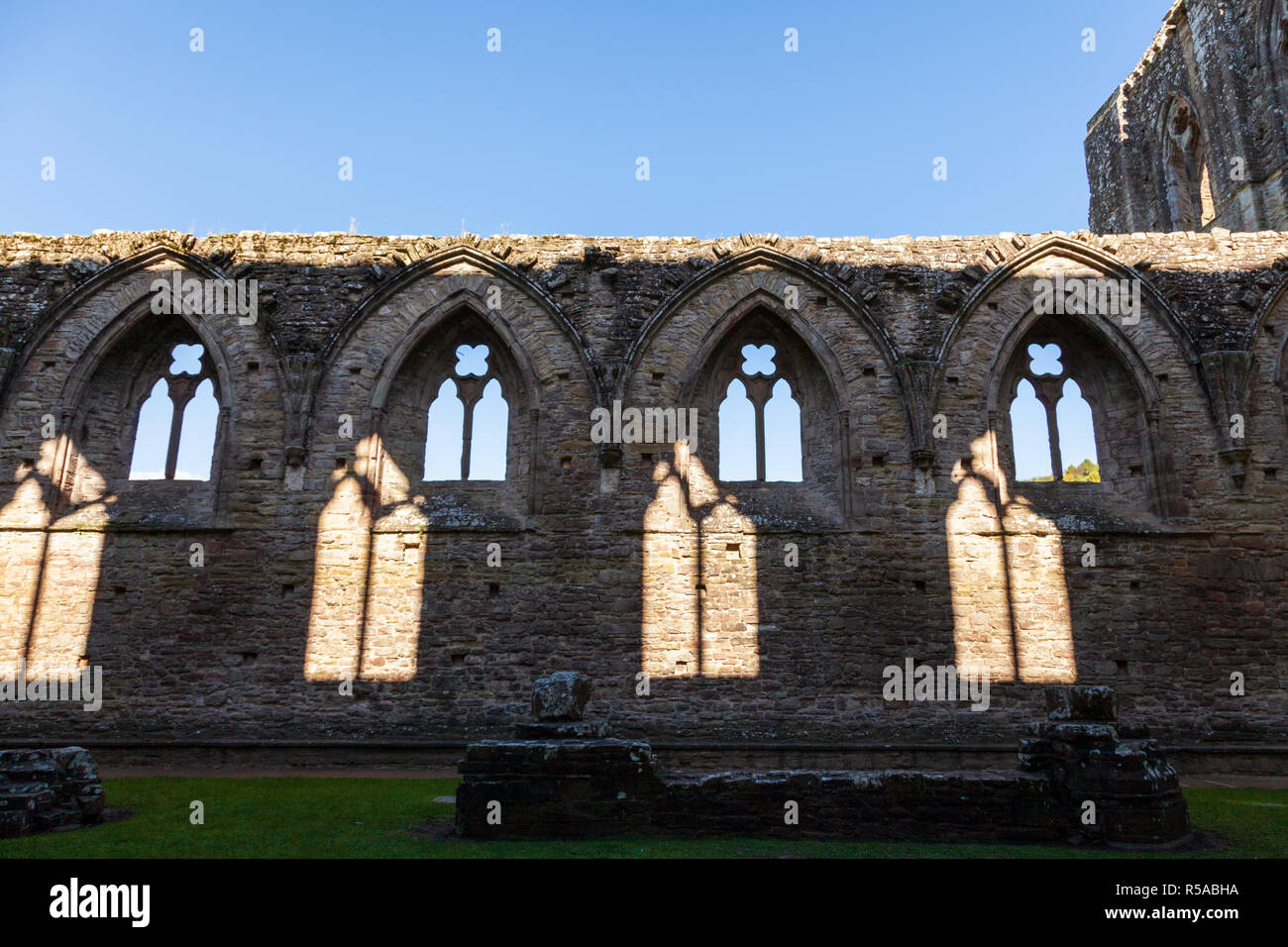 The ruined arched windows of Tintern Abbey, Monmouthshire, Wales Stock ...