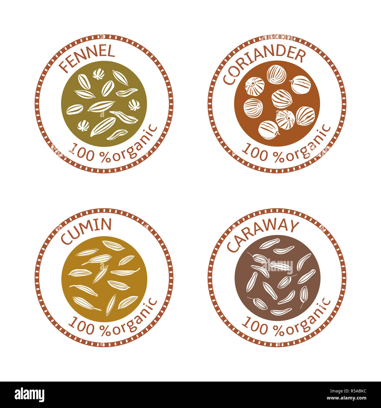 Set of flat spices stamp labels. 100 organic. collection Stock Photo ...