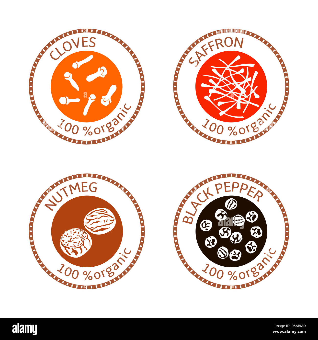 Set of flat spices stamp labels. 100 organic. collection Stock Photo ...