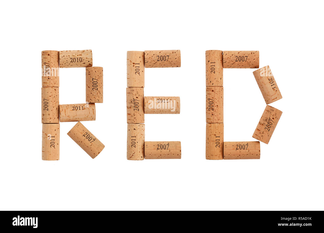 Word red shaped by wine corks isolated on white Stock Photo - Alamy