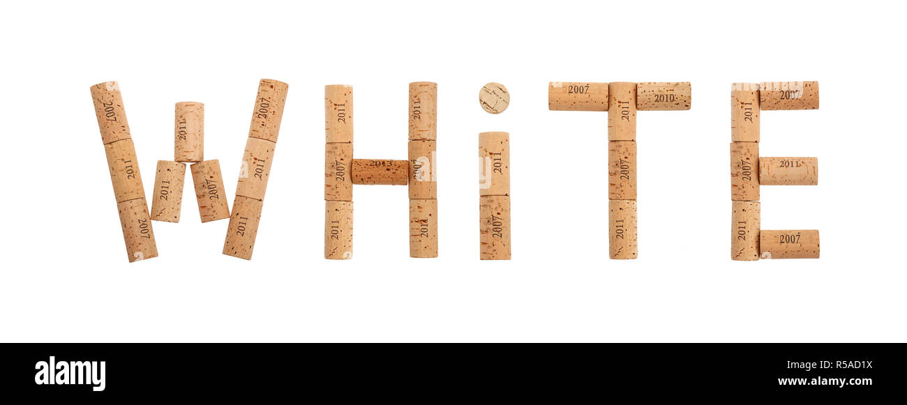 Word white shaped by wine corks isolated on white Stock Photo - Alamy