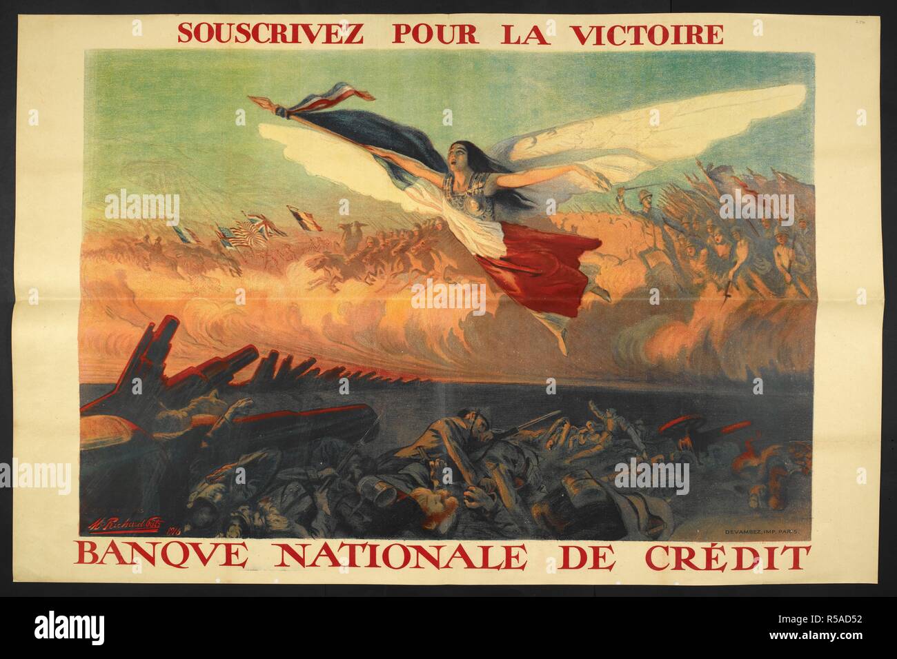 A French propaganda poster showing a woman flying in the air, holding a ...