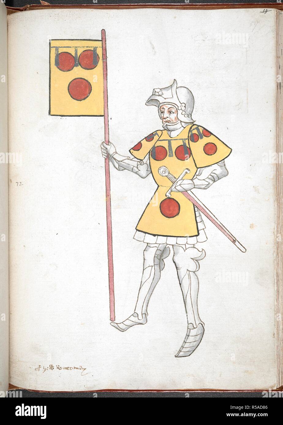 Coloured drawing of a knight in armour and tabard. Legh's Men of Arms ...