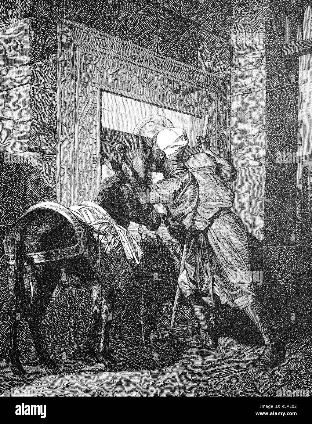 The donkey driver drinks at a fountain, reproduction of a woodcut ...