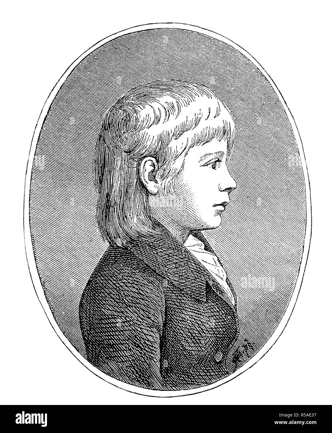 Prince Wilhelm when he was nine years old, 1806, portrait, woodcut ...