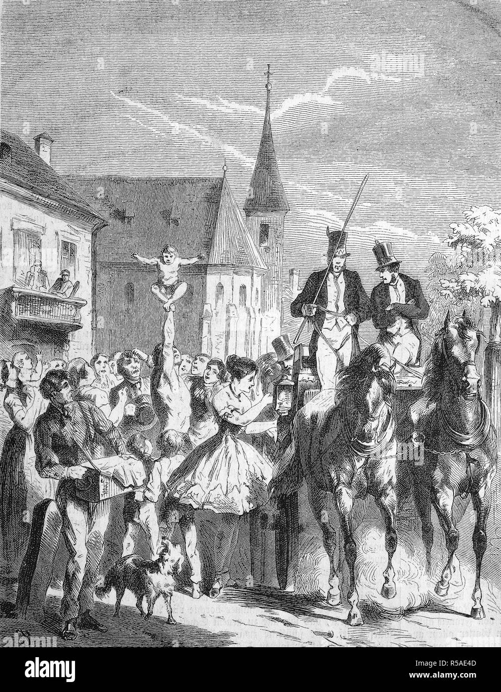 Street scene, a circus arrives in the city, woodcut, 1888, England ...