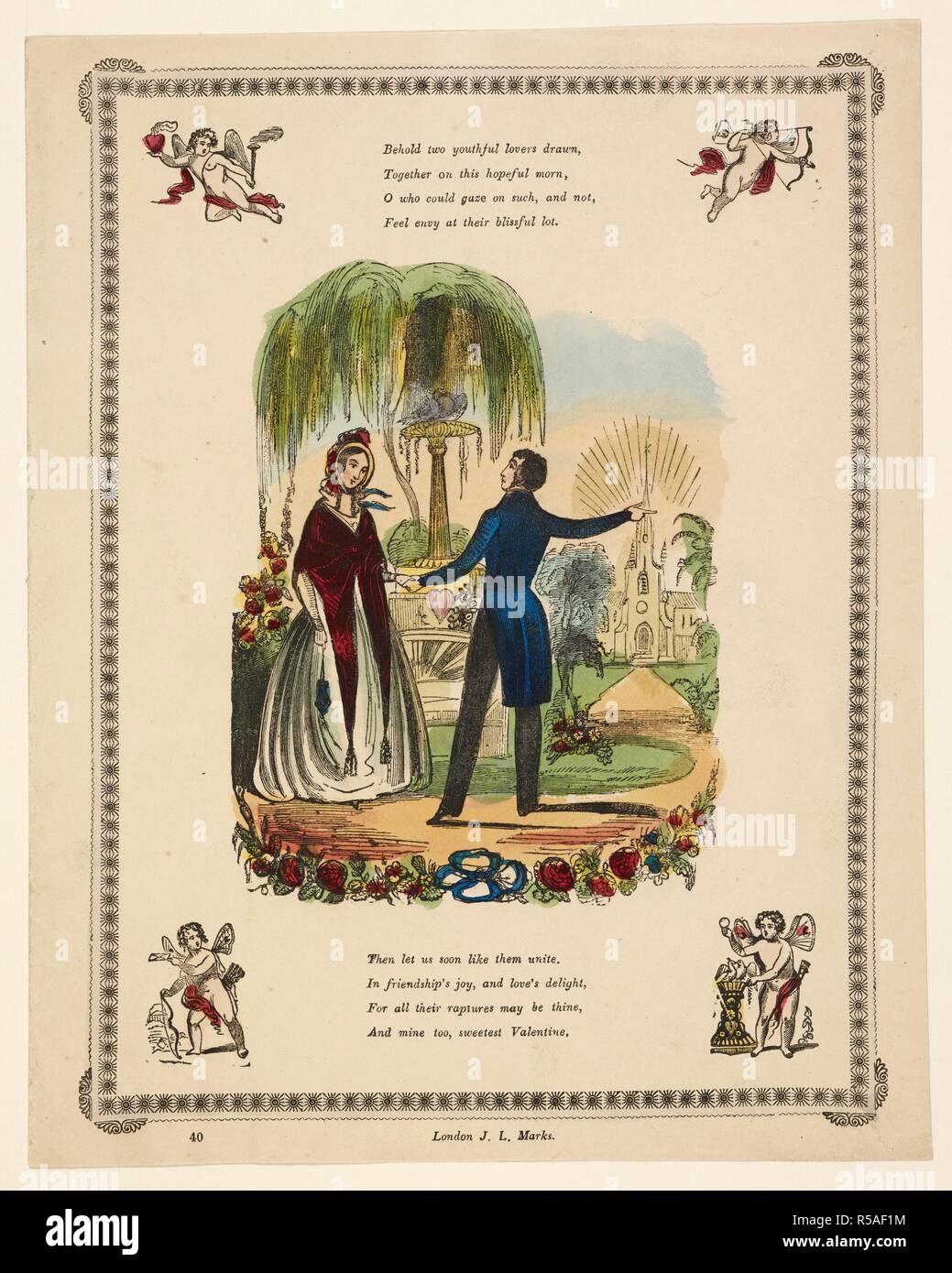 Illustration on a Valentine's card. Two lovers standing by a fountain ...