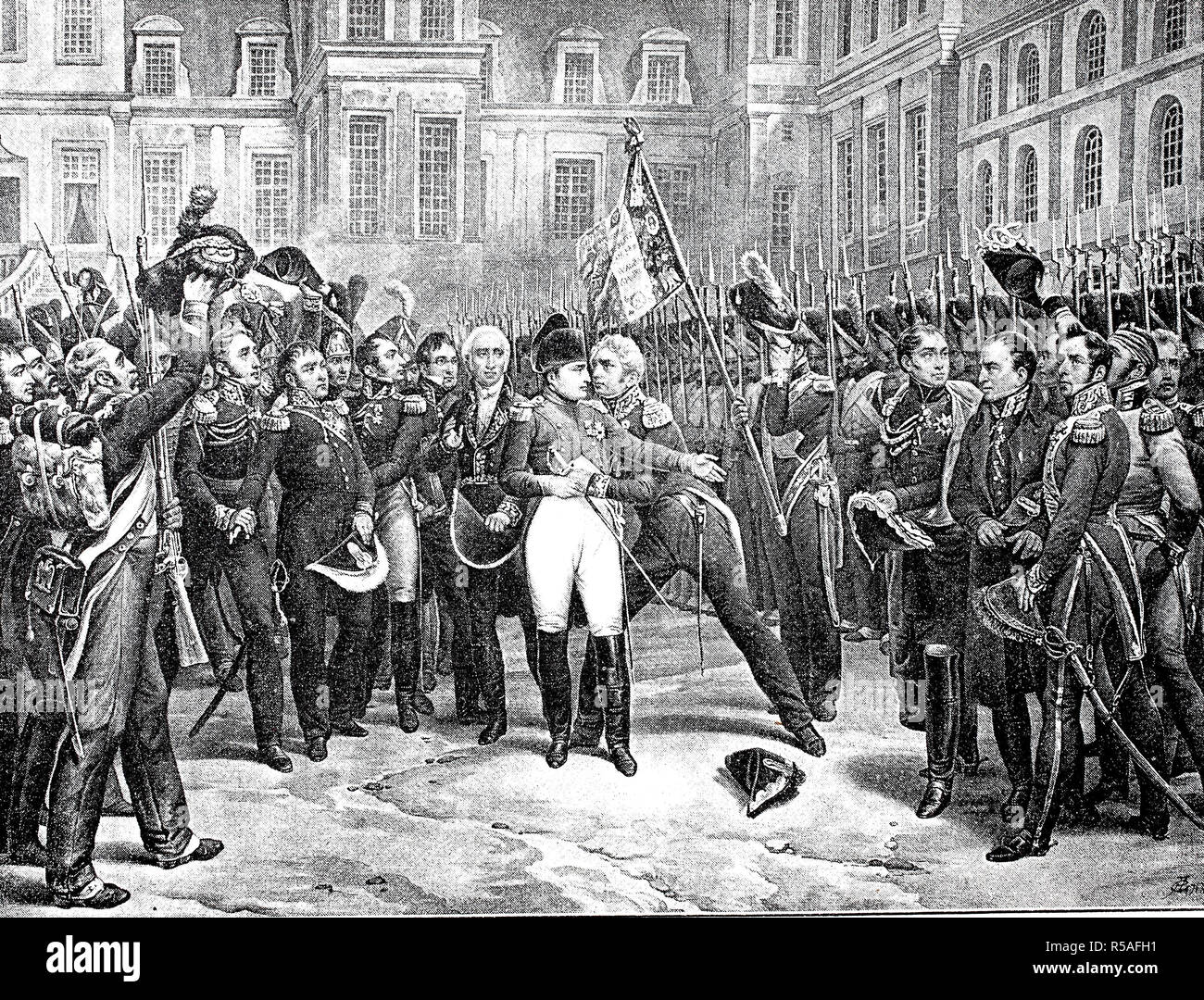 Napoleon says goodbye to his guard in Fontainebleau on April 20, 1814 ...