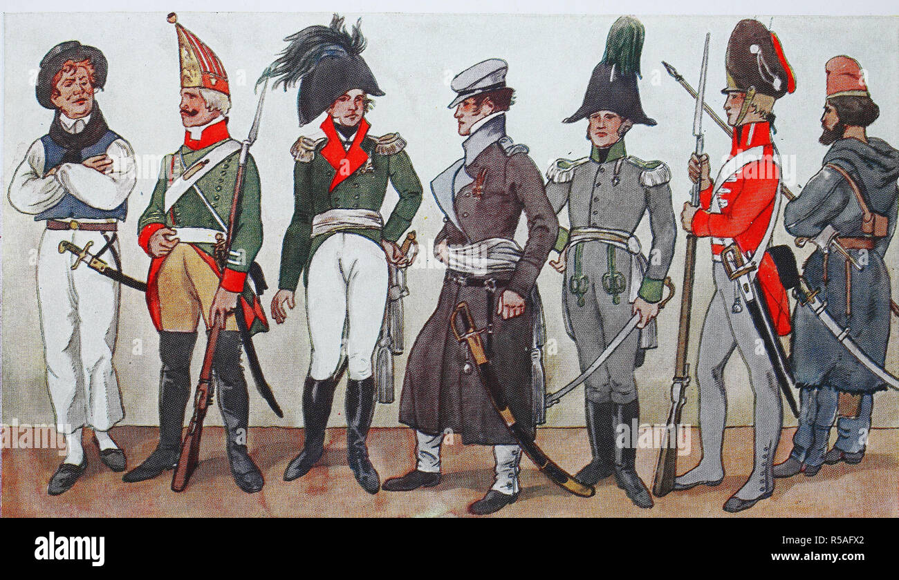 Uniforms in Europe, from left, an English naval detachment of 1814, a ...