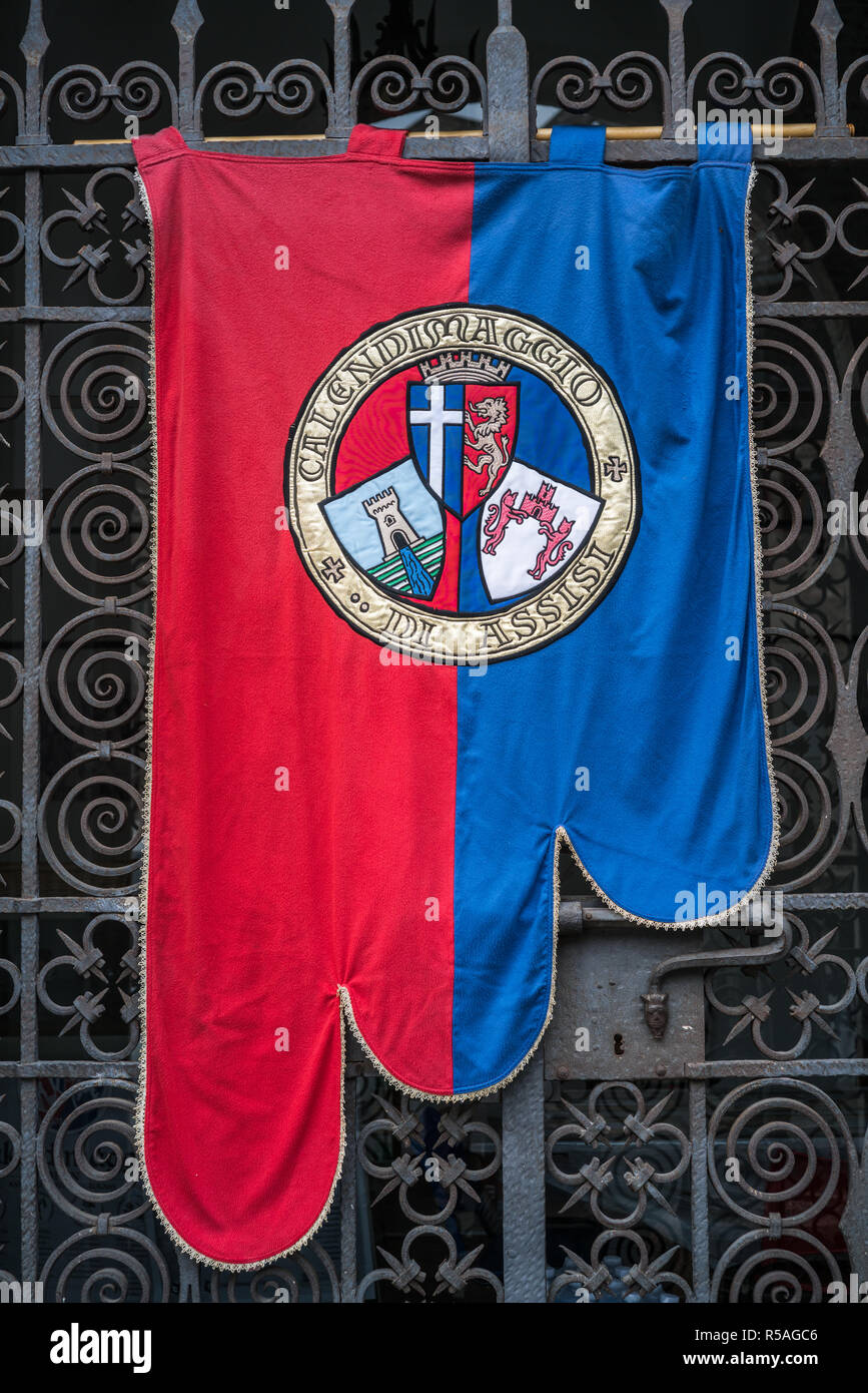 flag in the street of the Assisi, Umbria, Italy, Europe Stock Photo - Alamy