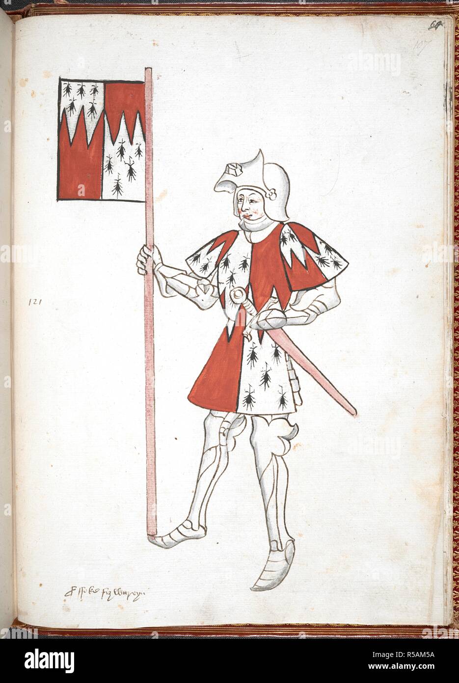 Knight, in armour and tabard, holding a sword and a standard with ...