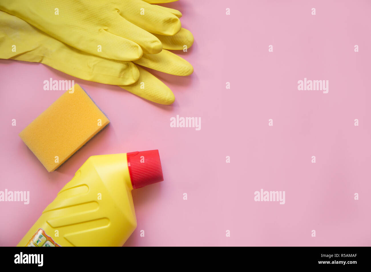Cleaning tools. cleaning equipment in yellow and red colors.Top view ...
