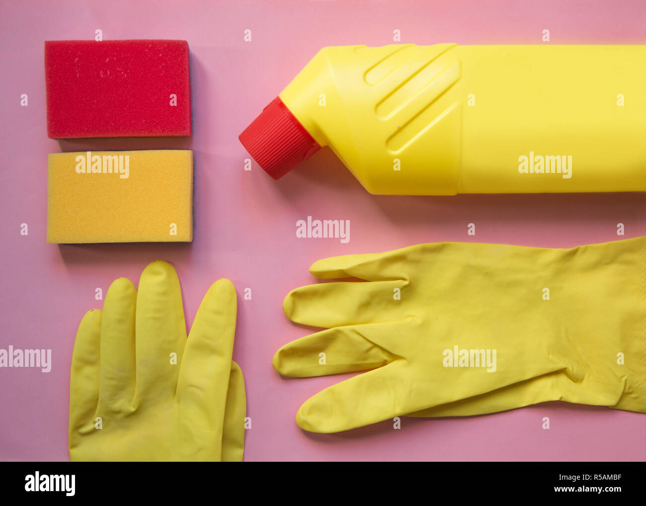 Cleaning tools. cleaning equipment in yellow and red colors.Top view ...