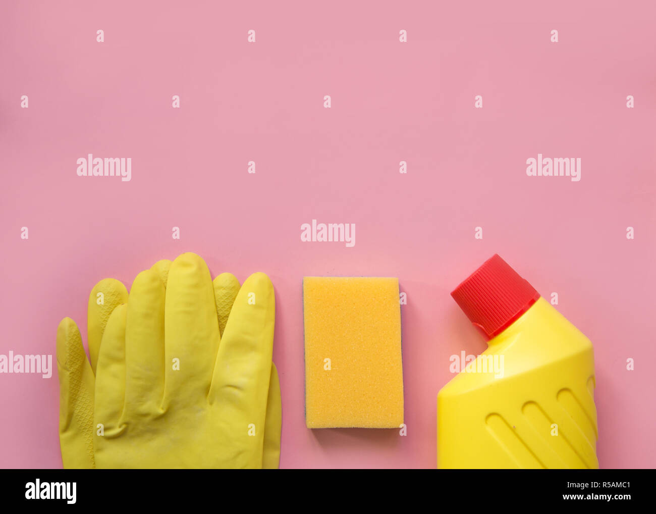Cleaning tools. cleaning equipment in yellow and red colors.Top view ...