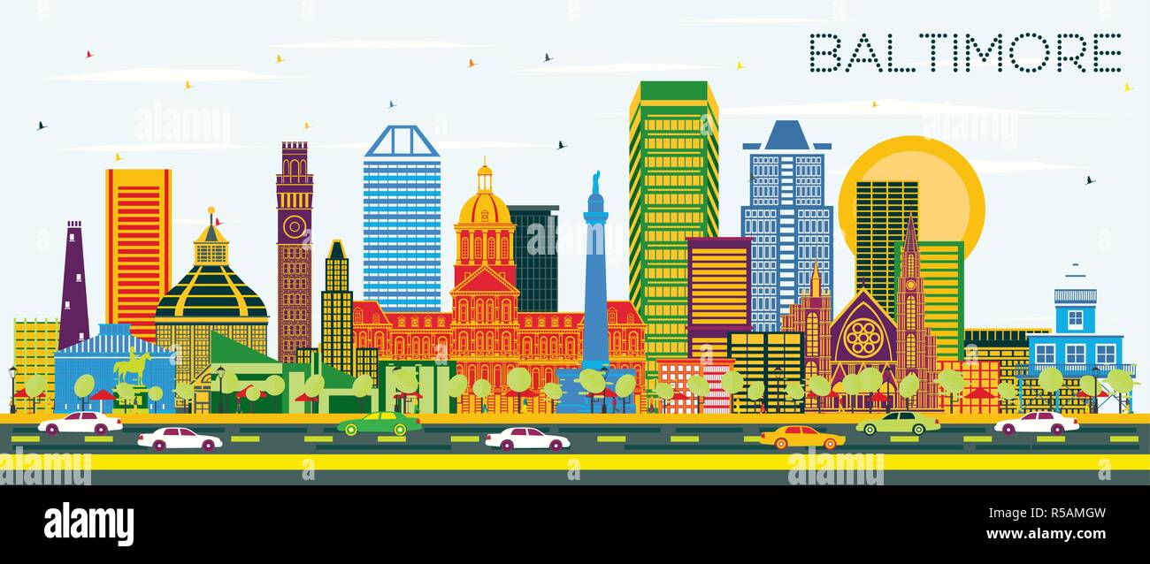 Baltimore Maryland City Skyline with Color Buildings on Blue Sky ...