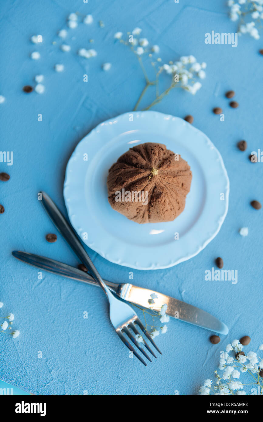 Coffee shop. Top view of a tasty chocolate cake being served in the ...