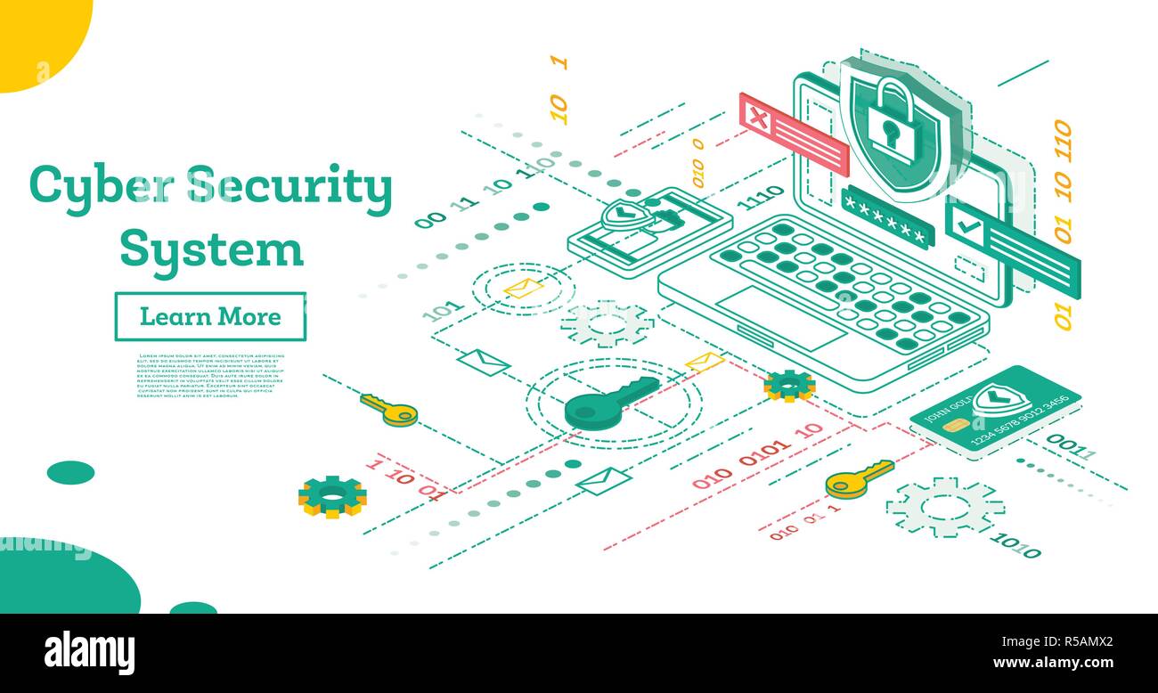 Outline Cyber Security Concept. Isometric Illustration Isolated on ...