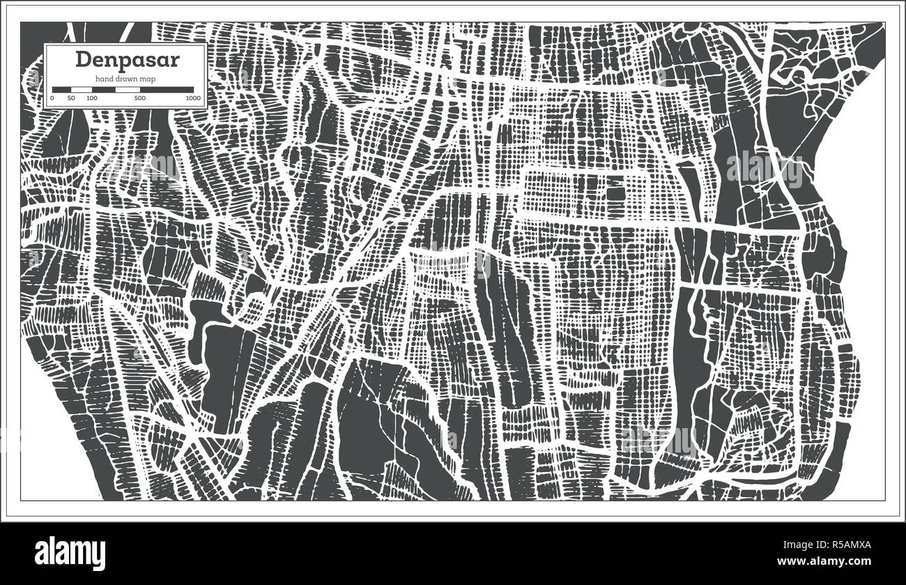 Denpasar Indonesia City Map in Retro Style. Outline Map. Vector ...