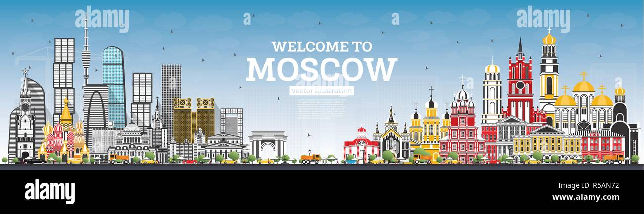 Welcome to Moscow Russia Skyline with Gray Buildings and Blue Sky ...