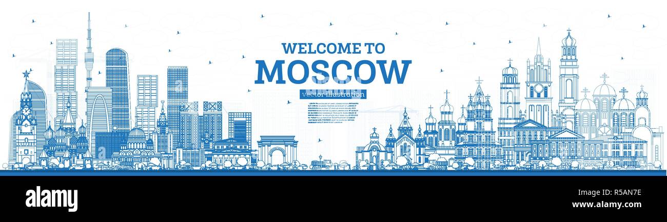 Outline Welcome to Moscow Russia Skyline with Blue Buildings. Vector ...
