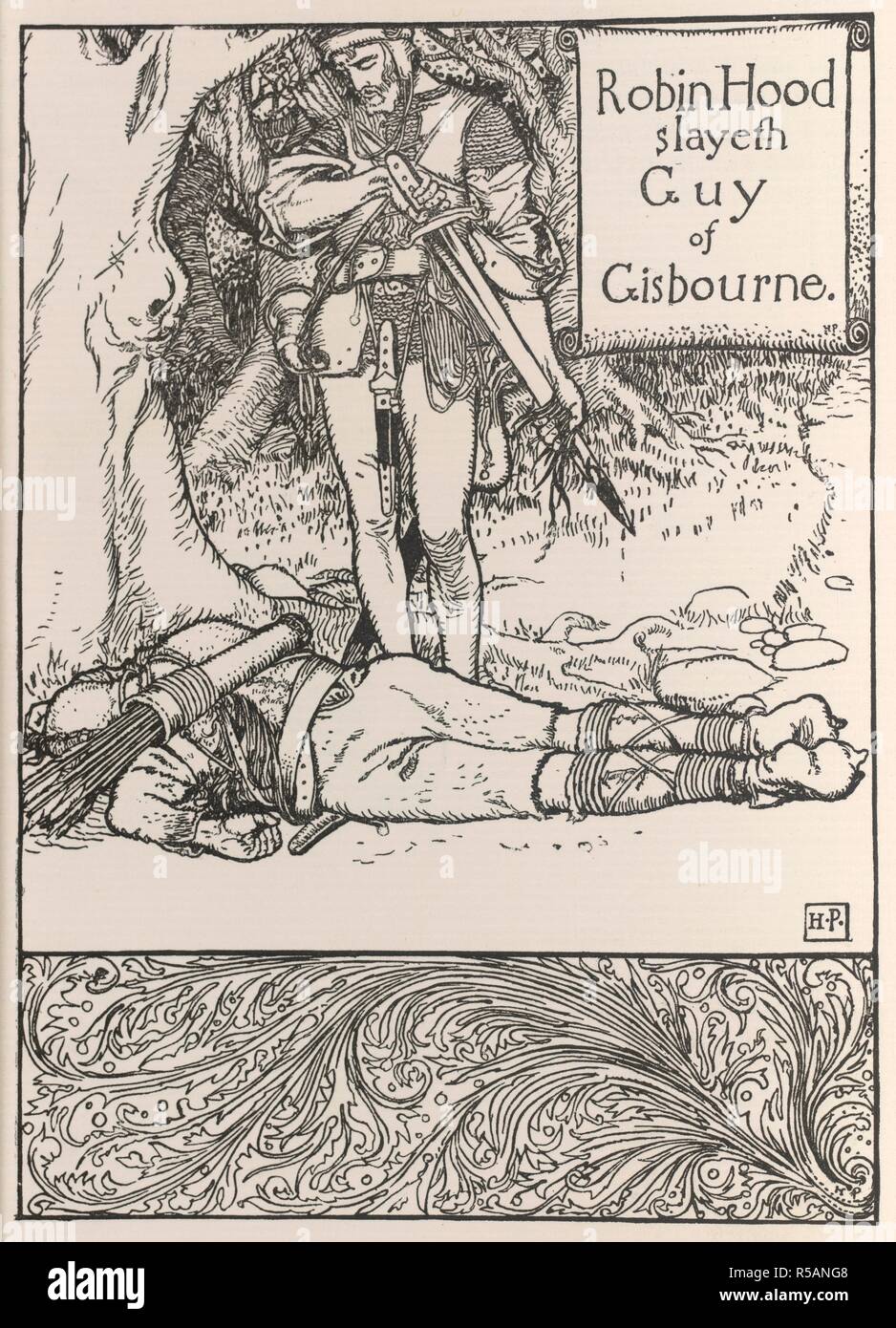 Robin Hood and Guy of Gisbourne. Robin Hood stands over the dead body ...