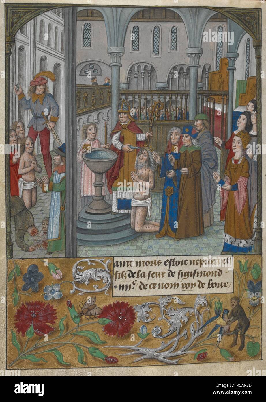 Miniature of the baptism of Clovis by a bishop, as his queen Clothilda ...