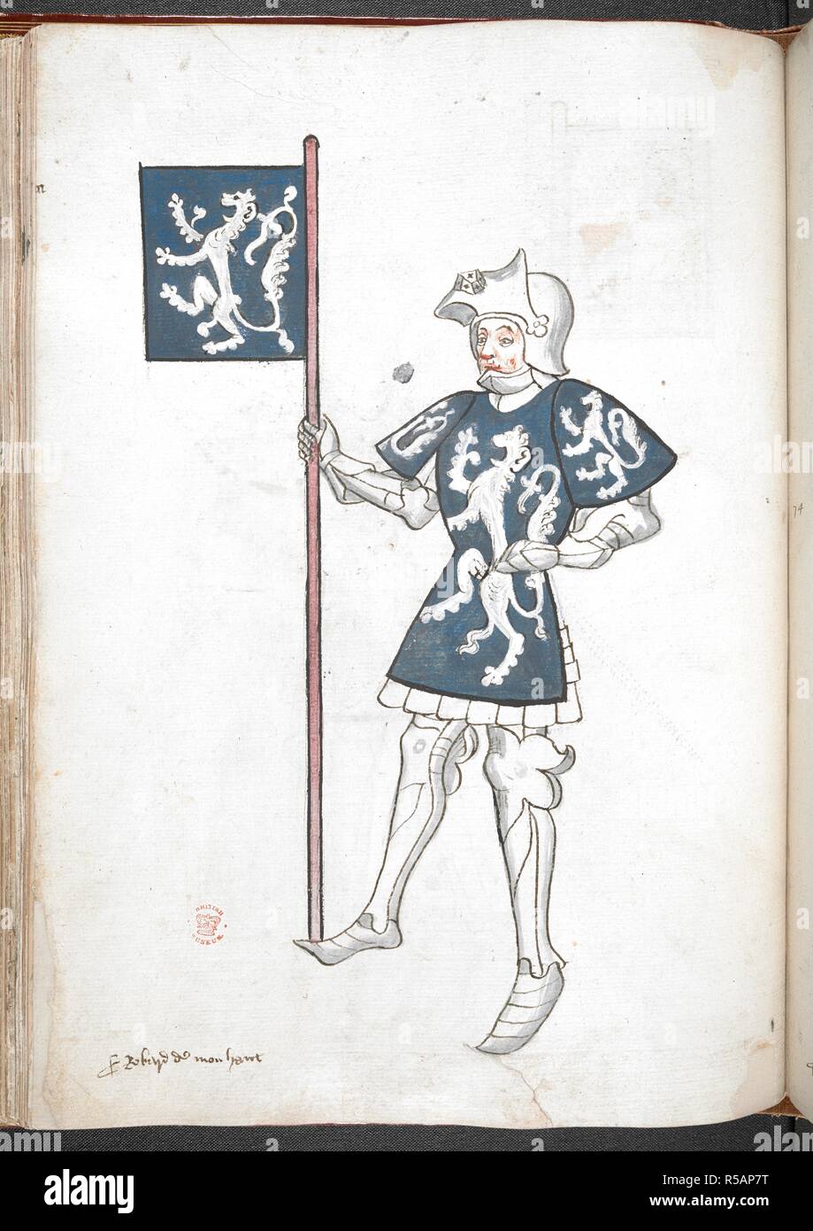 Coloured drawing of a knight in armour and tabard. Legh's Men of Arms ...